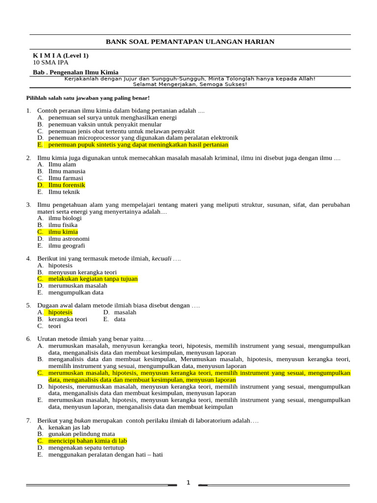 Bank Soal KIMIA - 10 SMA IPA - Bab - Pengenalan Ilmu Kimia (LEVEL 1) | PDF