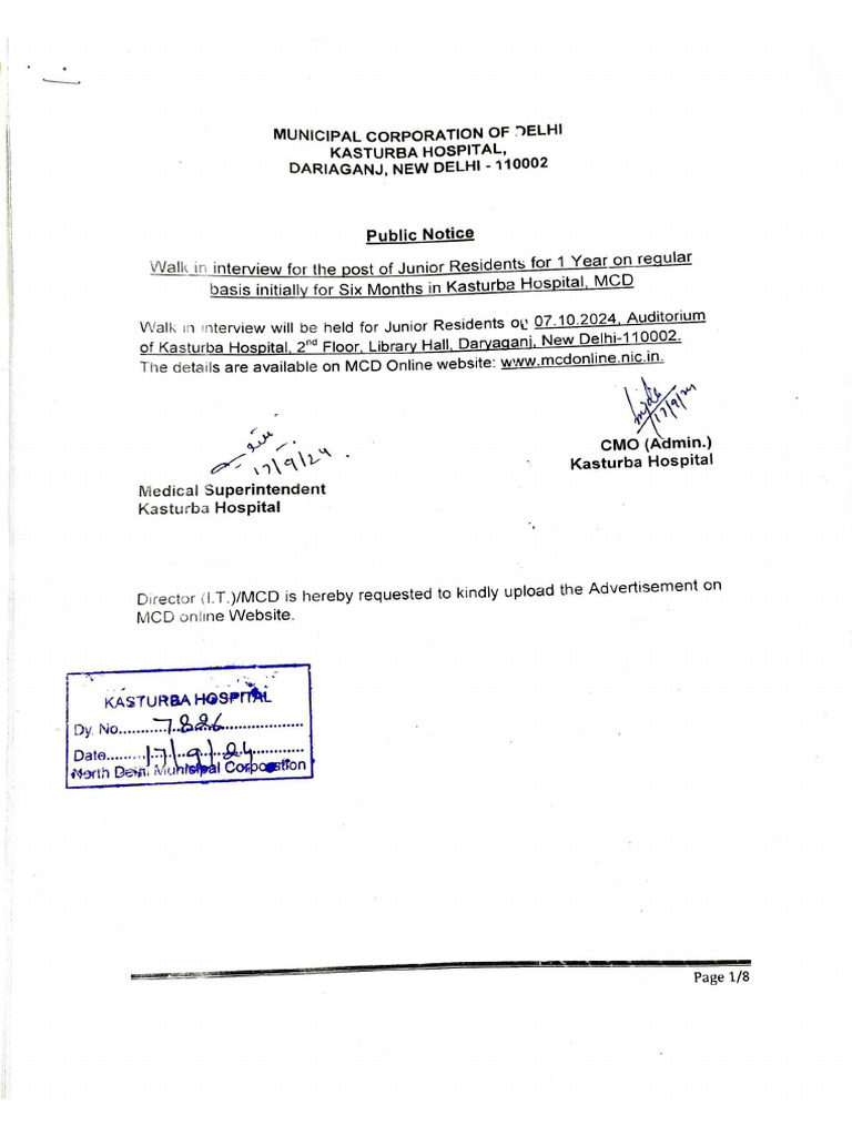 Walk in Interview For The Post of Junior Residents For 1 Year On Regular Basis Initially For Six ...