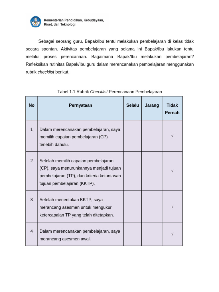 Topik 1 Teks 1 Rubrik Checklist Perencanaan Pembelajaran UbD | PDF