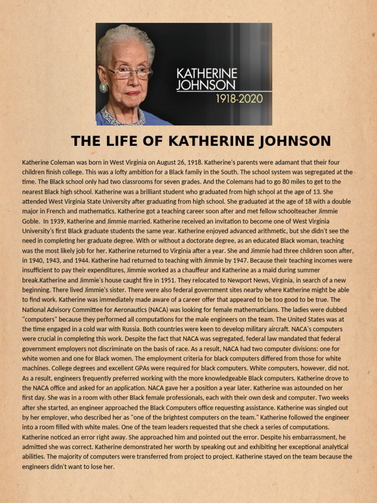 Biography of Catherine Johnson | PDF | Nasa | Katherine Johnson