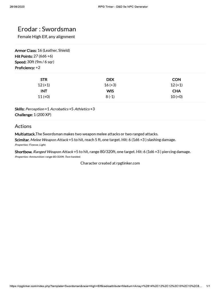Rpg Tinker Dandd 5e Npc Generator Espadachin Pdf