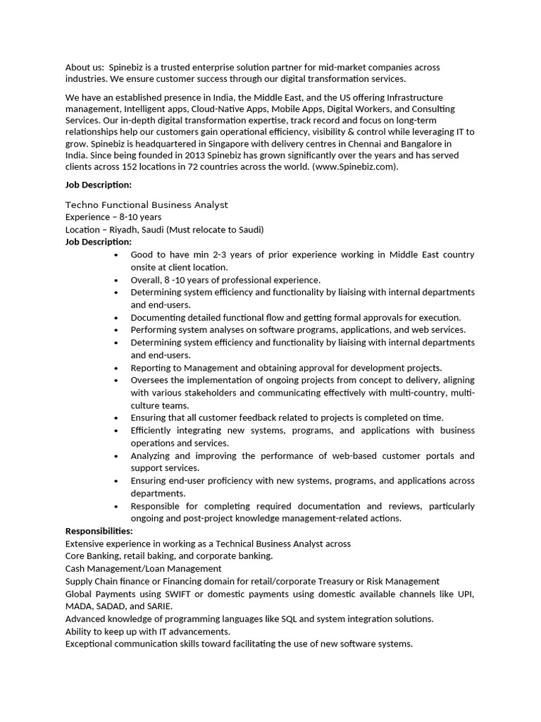 JD Techno Functional Business Analyst | PDF