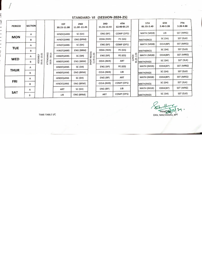 New Time Table Class VI | PDF