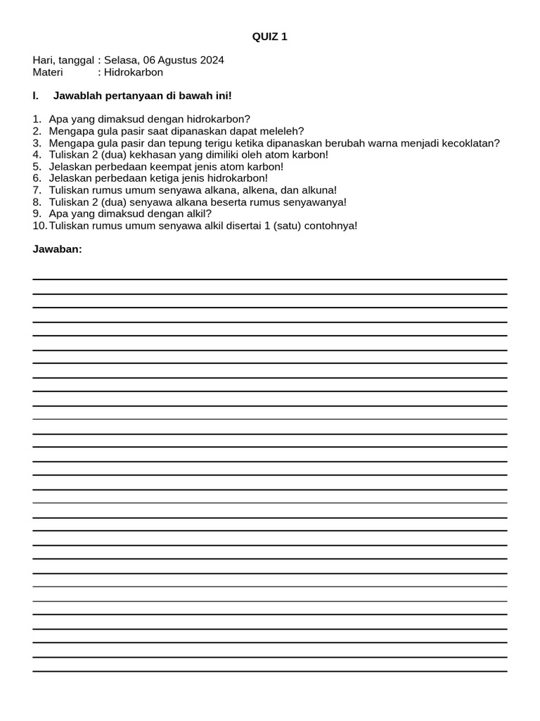 Quiz 1, 06 Agustus 2024 Hidrokarbon | PDF