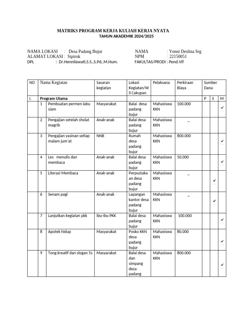 Matriks Program Kerja Kuliah Kerja Nyata | PDF