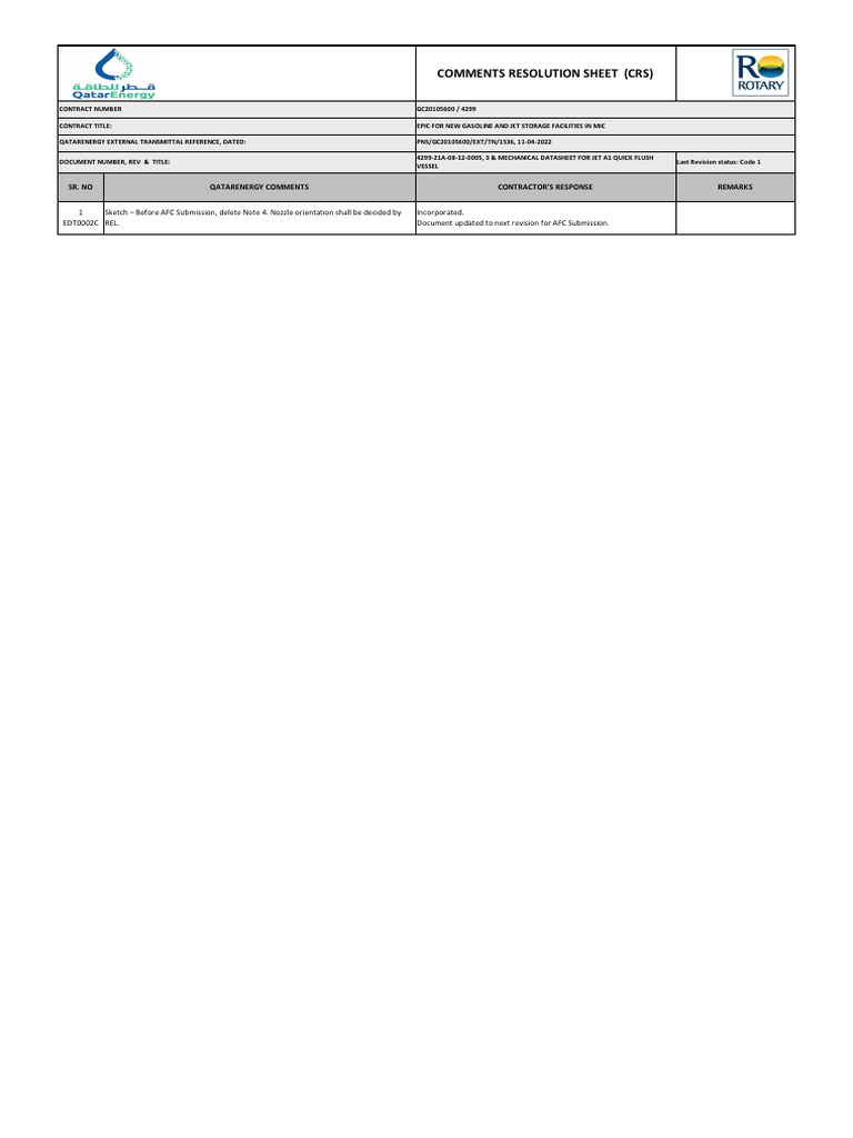 Comments Resolution Sheet (CRS) : Sketch - Before AFC Submission ...