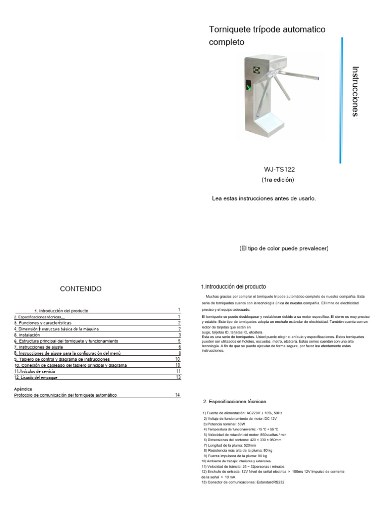 WEJOIN-WJTS112-TORNIQUETE-PEATONAL-MANUAL-DE-OPERACIÓN-ESPAÑOL | PDF