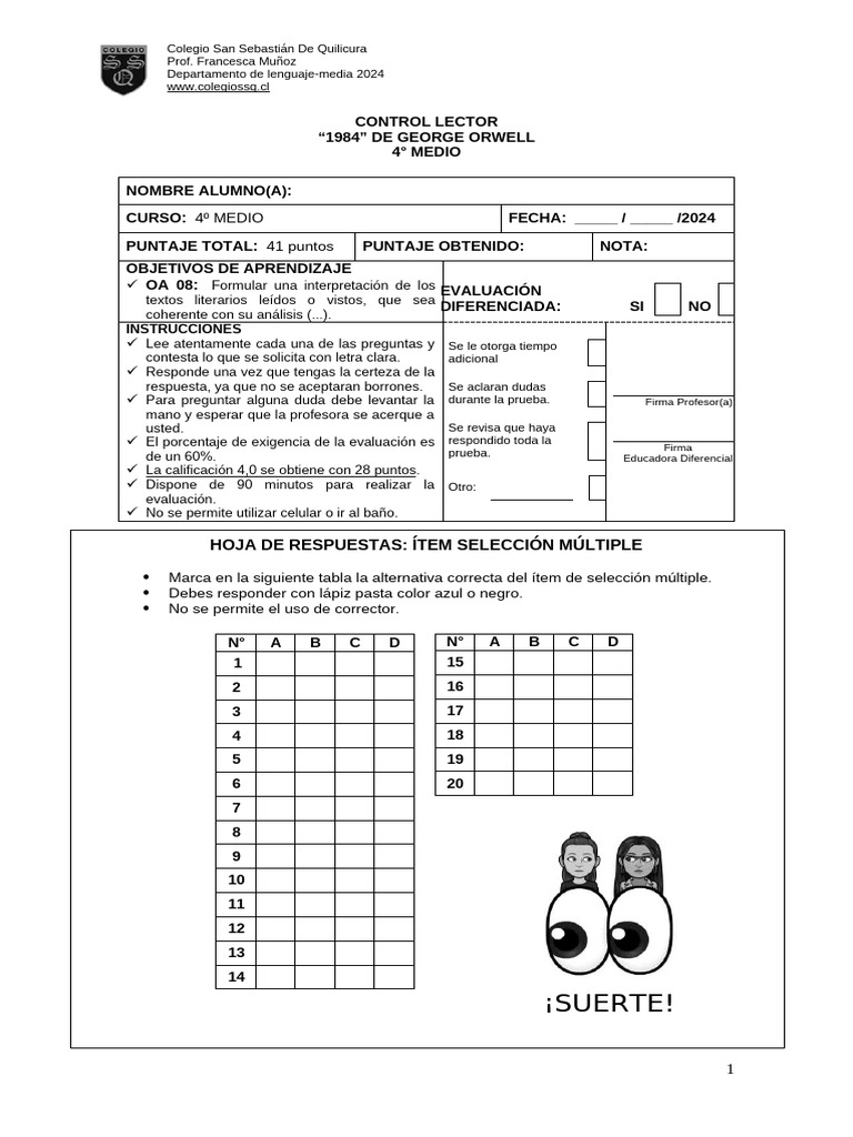 Respuestas - Control Lector (1984 - 4° Medio) | PDF