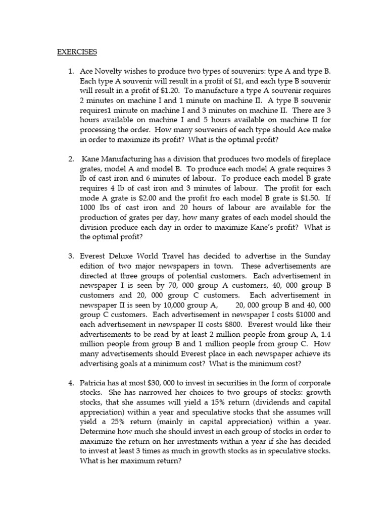 EXERCISES on Linear Programming | PDF EXERCISES on Linear Programming | PDF