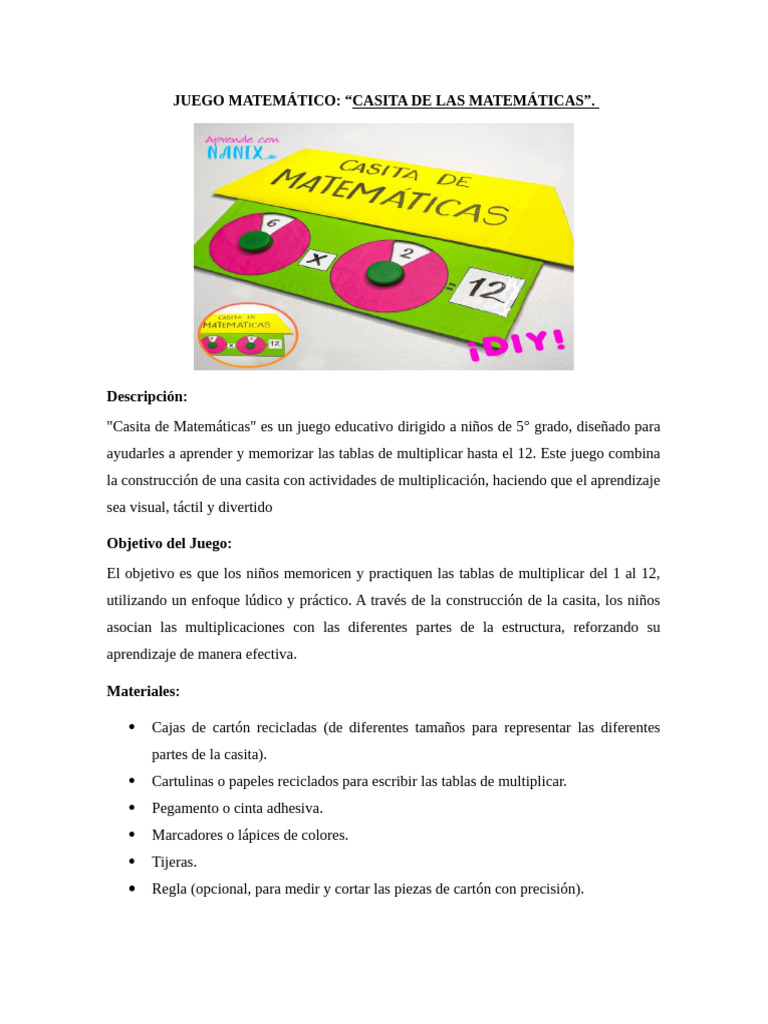 Casita de Matemáticas: Juego de Multiplicación | PDF | Aprendizaje ...