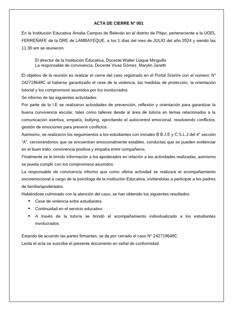 ACTA DE CIERRE 001 | PDF