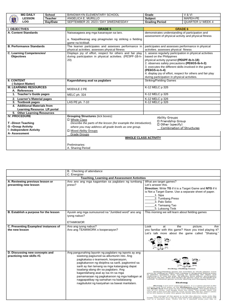 DLL Q1 W4 Day3 Mapeh Pe | PDF