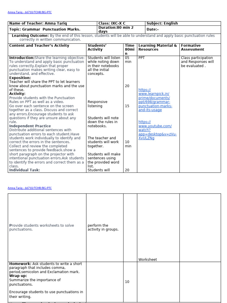 Punctuations Lesson Plan | PDF