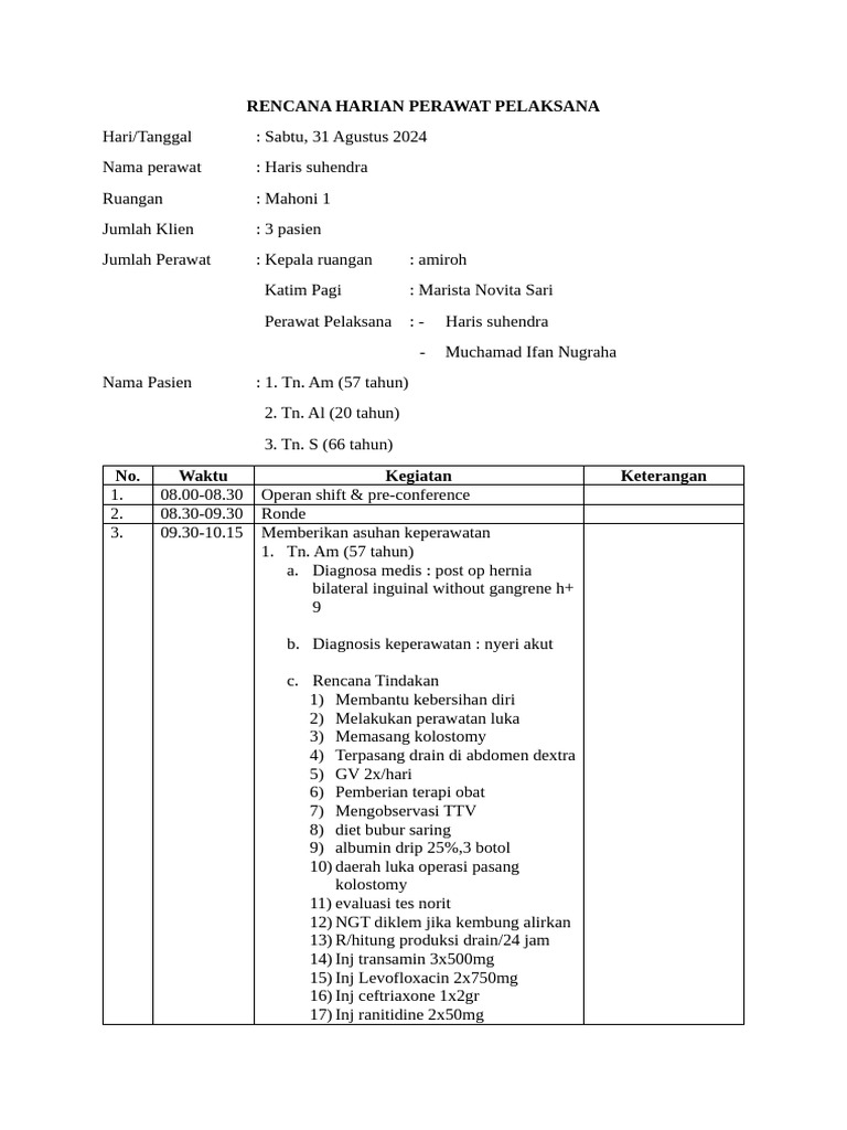 Rencana Harian Perawat Pelaksana 310824 | PDF