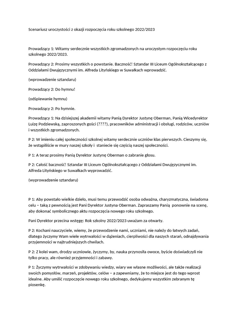 Scenariusz Uroczystości Z Okazji Rozpoczęcia Roku Szkolnego 2022 | PDF
