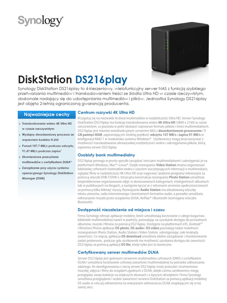 Synology DS216play Data Sheet PLK | PDF