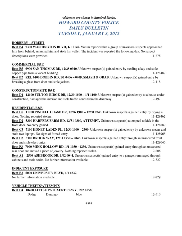 Howard County Police Daily Bulletin | PDF | Travel | Law