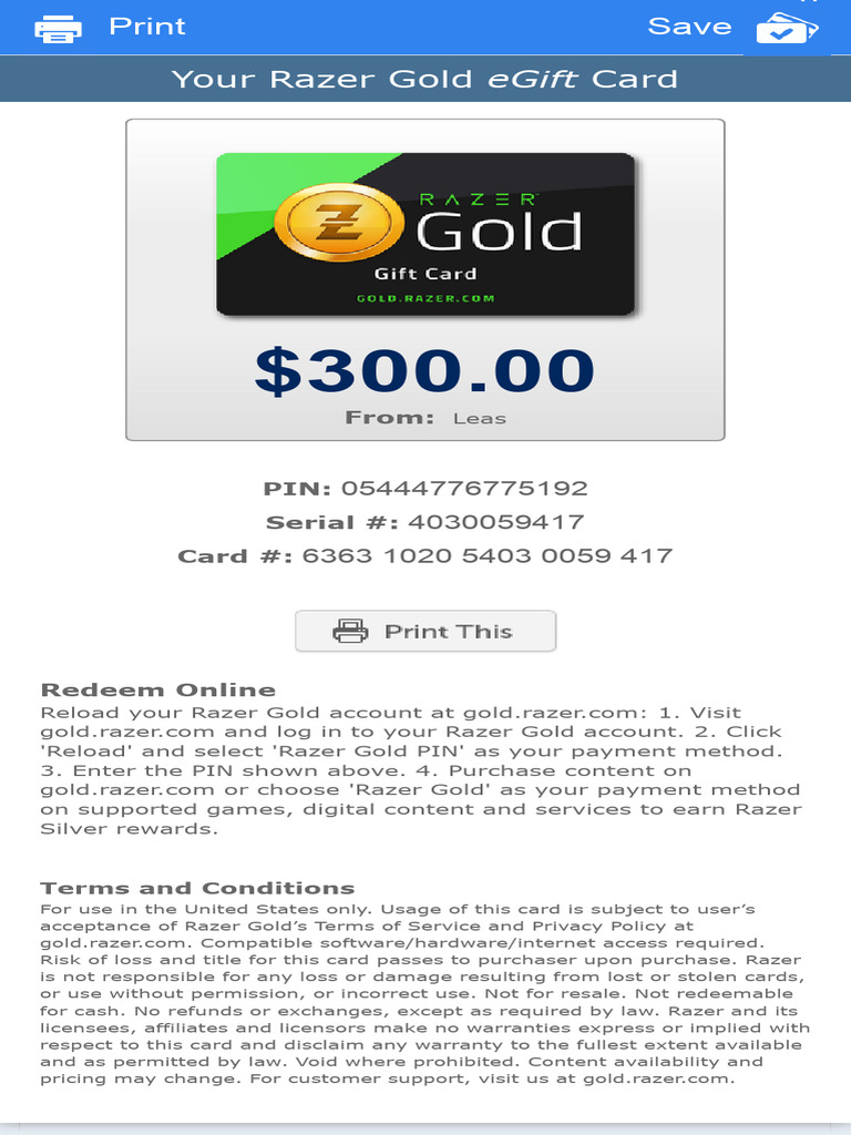 Your Razer Gold Egift Card | PDF