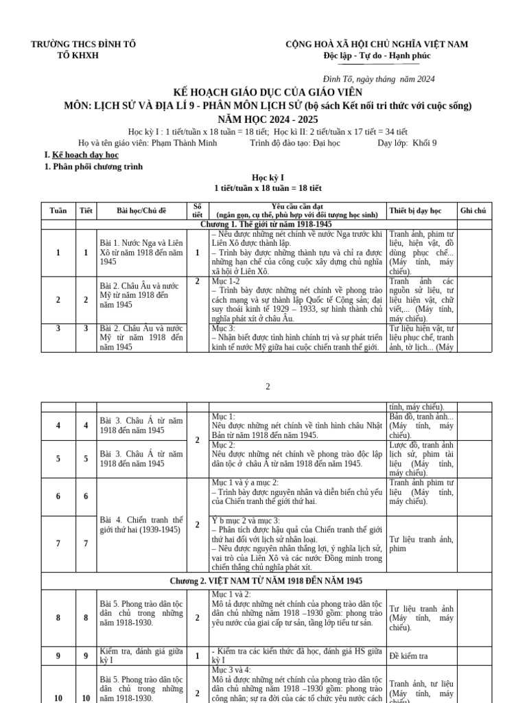 KHGD GV MÔN LỊCH SỬ 9 | PDF