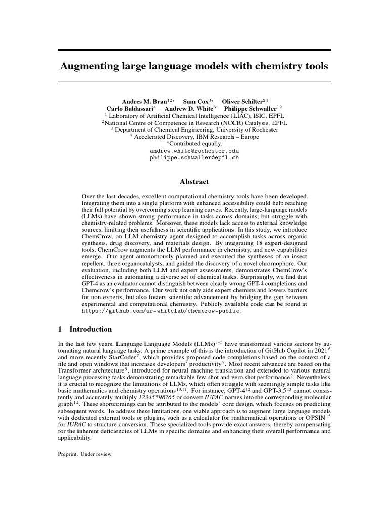 Augmenting Large Language Models With Chemistry Tools | PDF