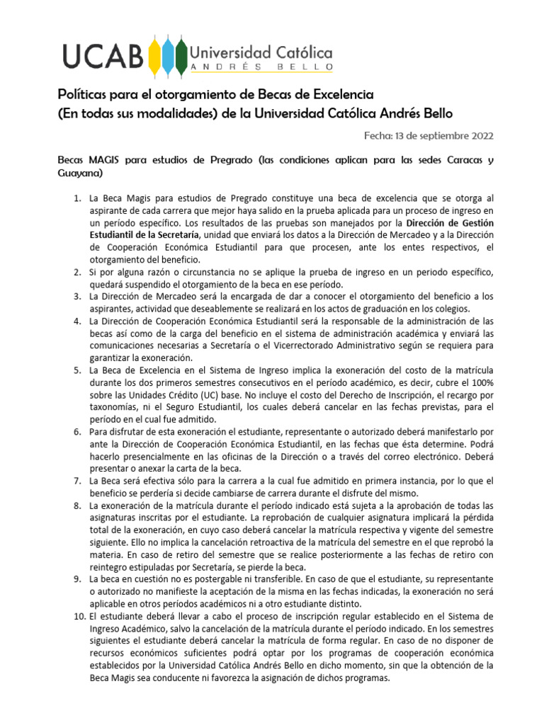 Politicas para Otorgamiento de Becas de Excelencia UCAB Septiembre 2022 ...