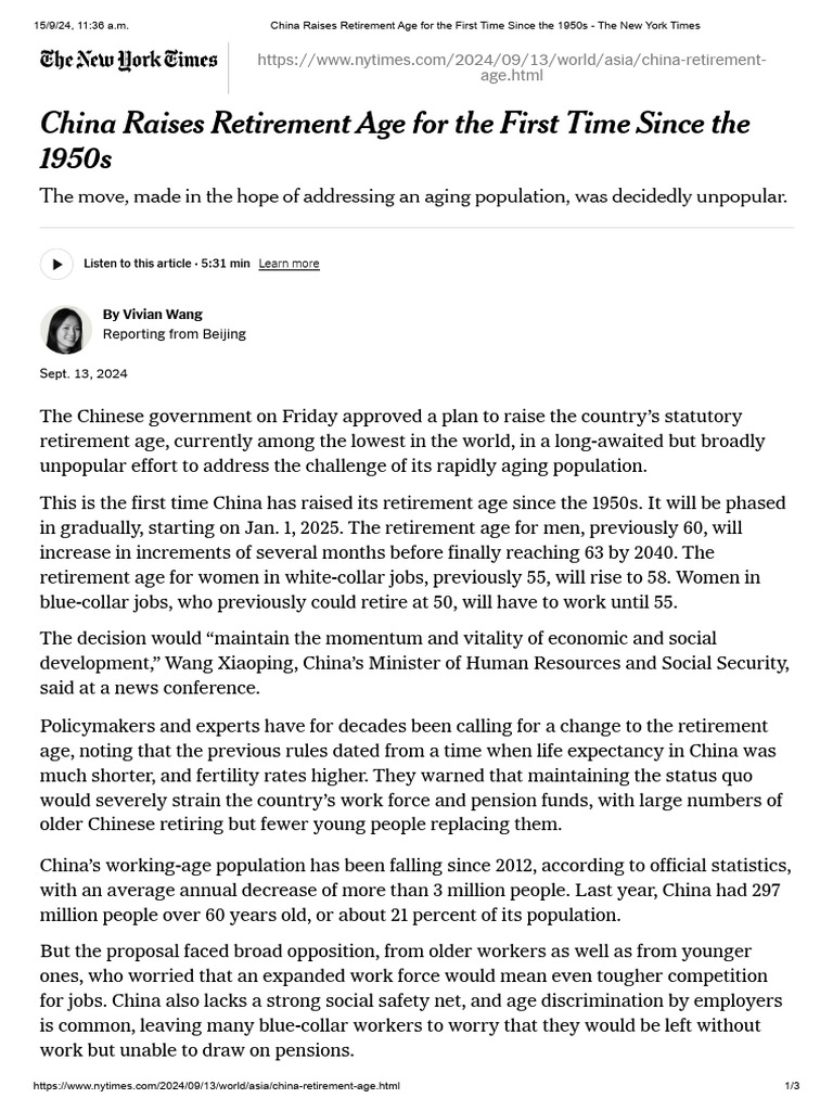 China Raises Retirement Age For The First Time Since The 1950s - The ...