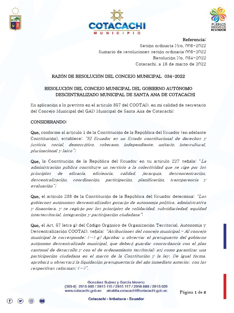 Aprobación Presupuesto Cotacachi 2021 | PDF | Balance presupuestario del gobierno | Presupuesto