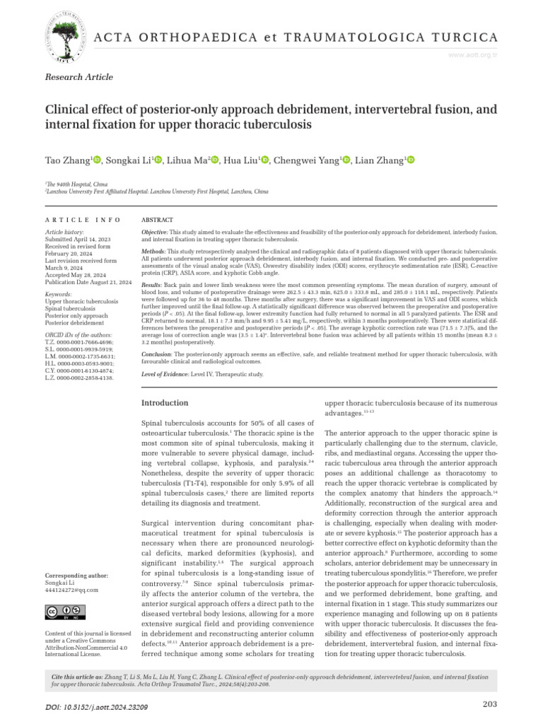 Clinical Effect of Posterior-Only Approach Debridement, Intervertebral ...