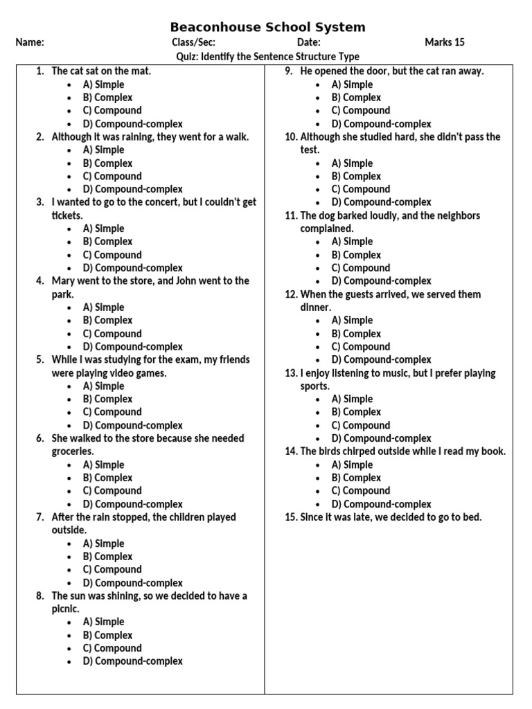 Sentences Structure Type Test 15 | PDF