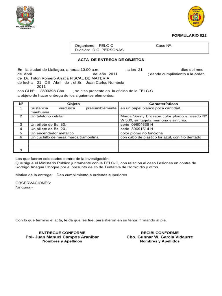 Formulario 022entrega de Objetos | PDF