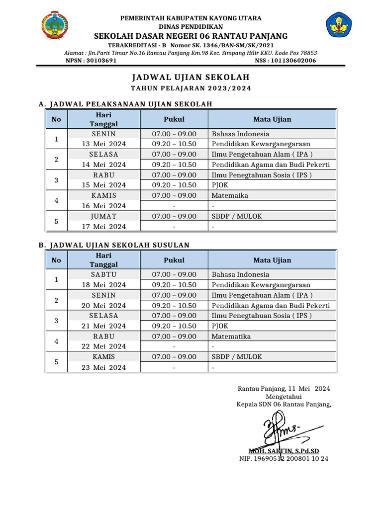 Jadwal Ujian Sekolah 2023-2024 | PDF
