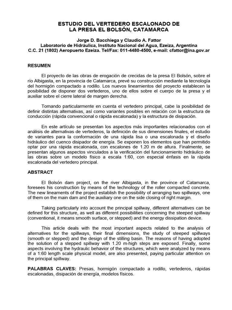 Vertedero Escalonado Presa El Bolsón | PDF