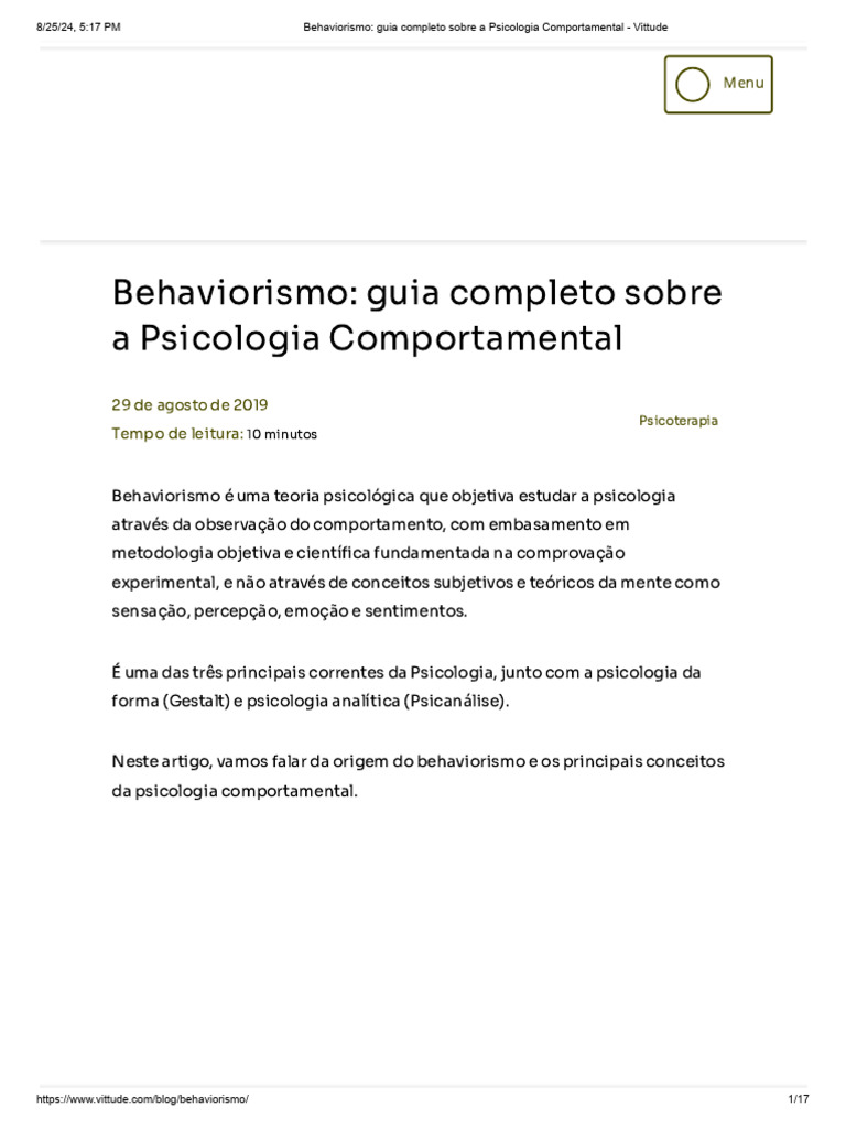 Behaviorismo - Guia Completo Sobre A Psicologia Comportamental - Vittude | PDF