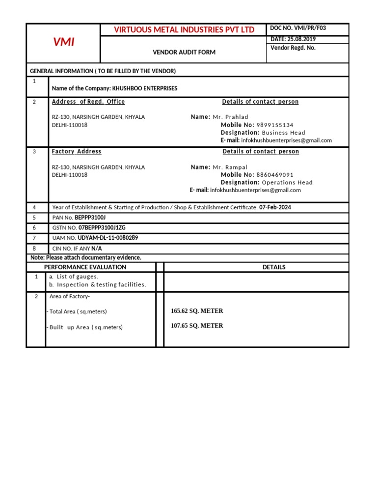 Vendor Audit Form | PDF