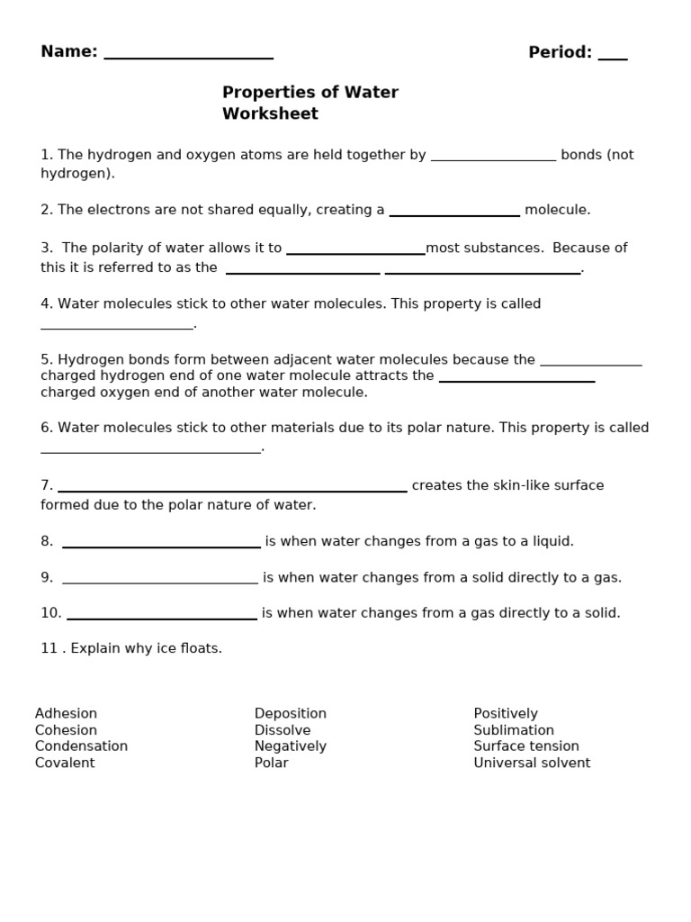 Properties of Water Worksheet | PDF
