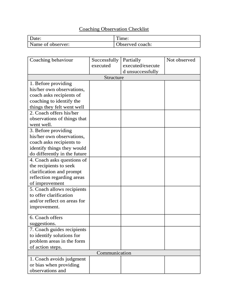 Coaching Observation Checklist | PDF Coaching Observation Checklist | PDF