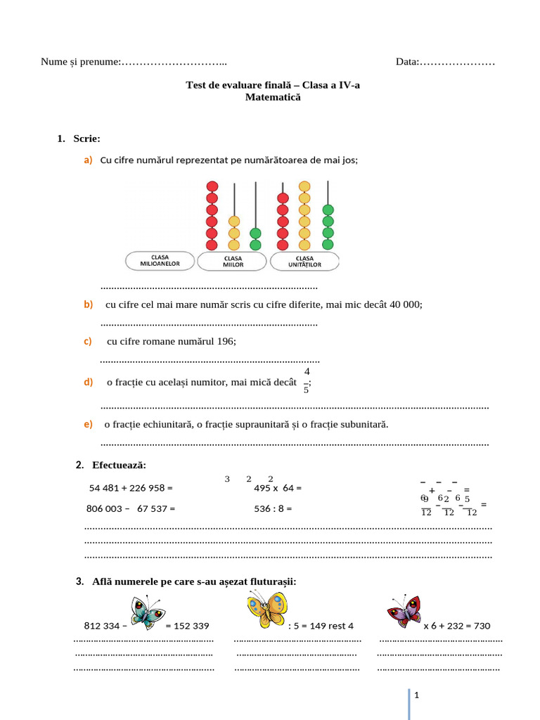 Test de Evaluare Finală IV MATEMATICA | PDF