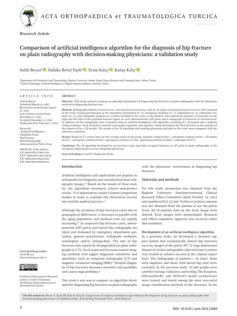 Comparison of Artificial Intelligence Algorithm For The Diagnosis of Hip Fracture On Plain ...