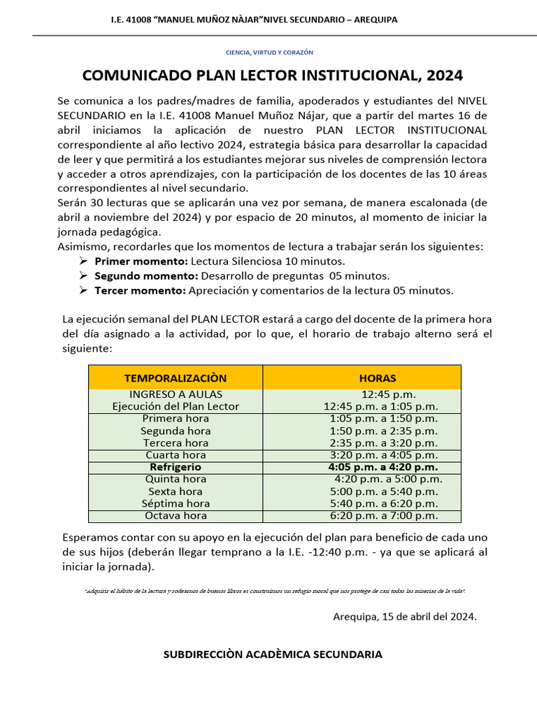 Comunicado 1 Plan Lector Padres 2024 | PDF