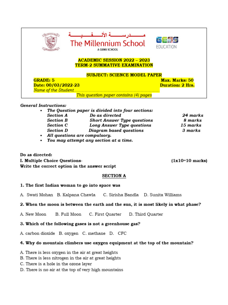 MODEL PAPER SA2 Grade 5 Science | PDF