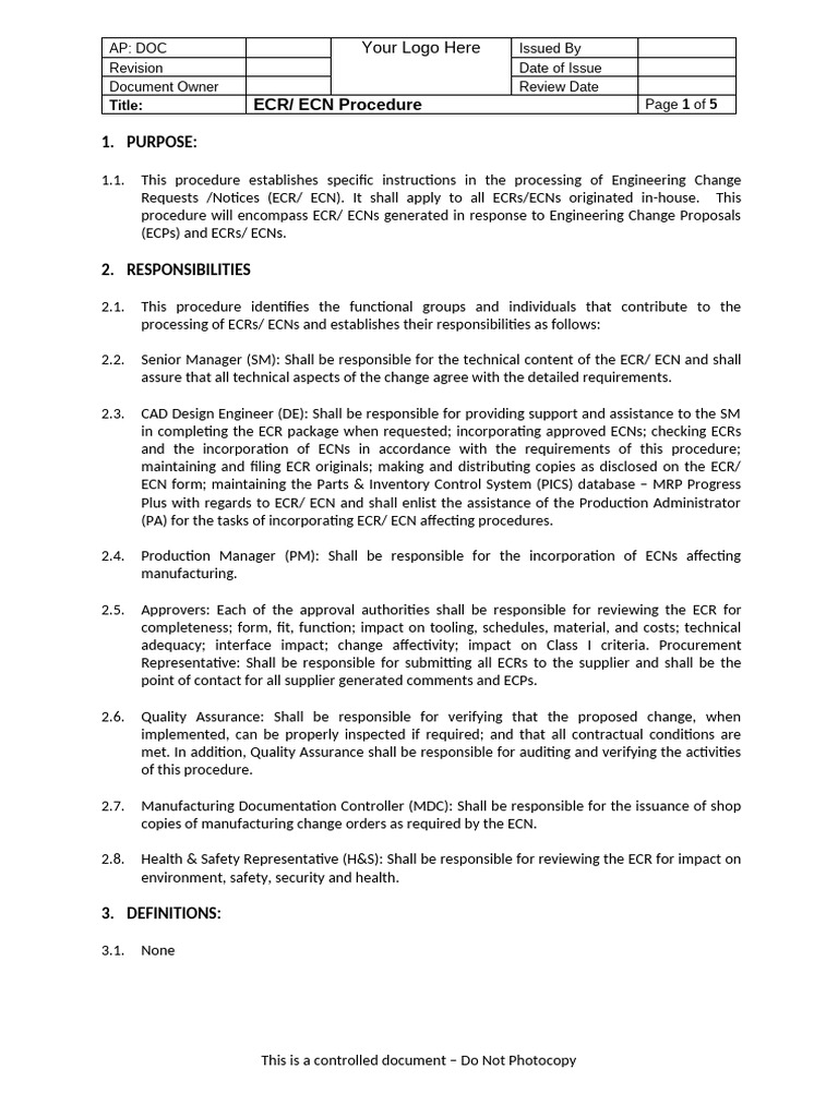 ECR ECN Procedure Rev 1 Template | PDF | Specification (Technical ...