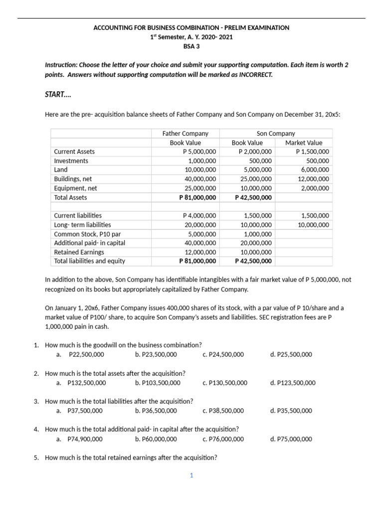 Prelim Exam Business Combination | PDF | Mergers And Acquisitions | Law