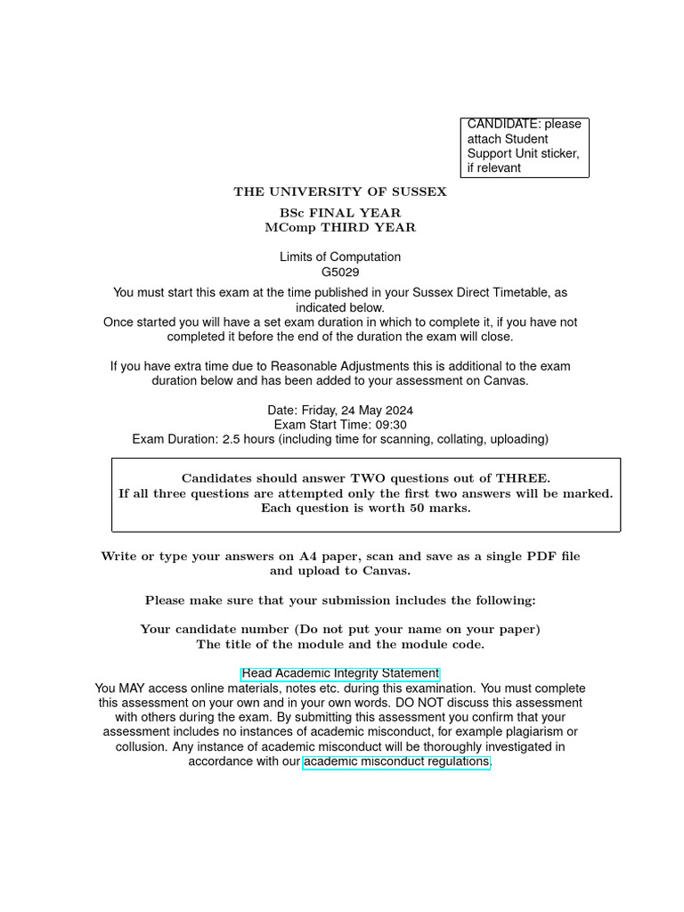 G5029 Limits of Computation Exam Paper May 2024 | PDF