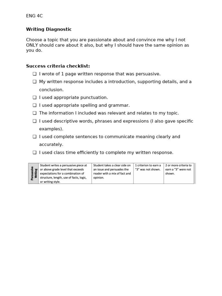 ENG 4C - Writing Diagnostic | PDF