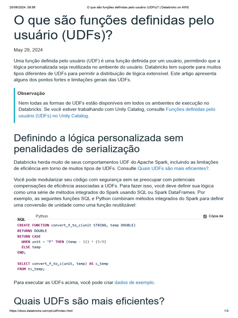 O Que São Funções Definidas Pelo Usuário (UDFs) - Databricks On AWS | PDF O Que São Funções Definidas Pelo Usuário (UDFs) - Databricks On AWS | PDF