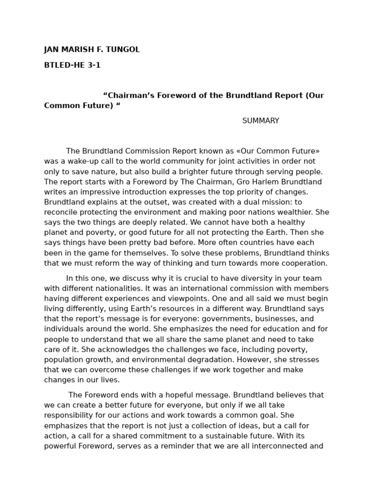 Chairman's Foreword of The Brundtland Report (Our Common Future ...