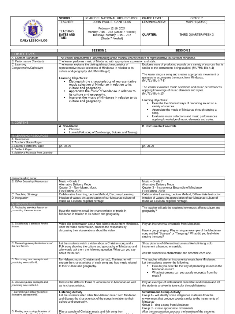 MAPEH 7 Q3 WEEK3.0(MUSIC) DAILY LESSON LOG | PDF