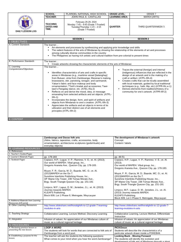 Mapeh 7 Q3 Week5.0 (Arts) Daily Lesson Log | PDF