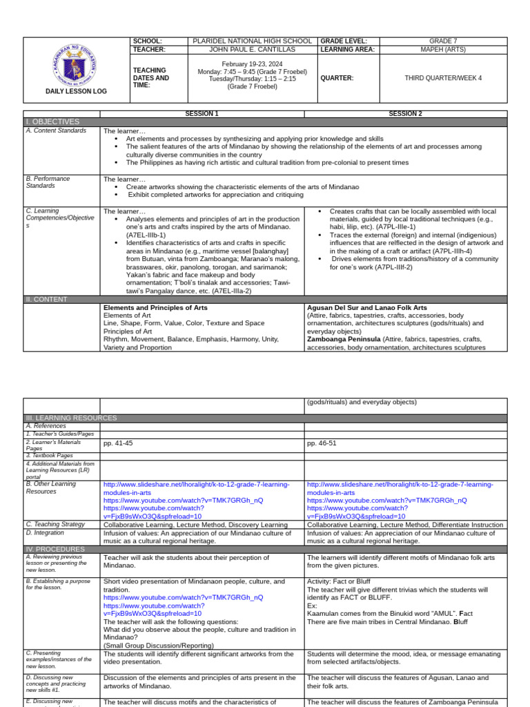 Mapeh 7 Q3 Week4.0 (Arts) Daily Lesson Log | PDF | Learning | Folk Art