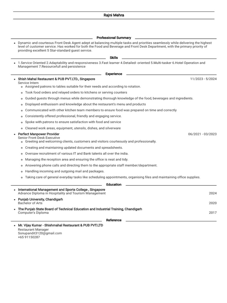 Rajni Mehra CV SINGHAPORE | PDF